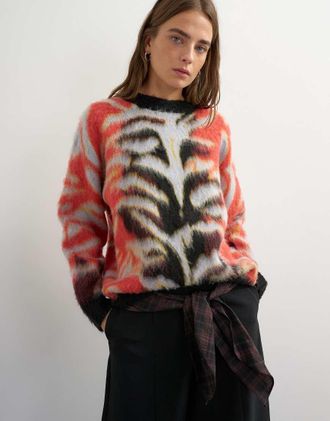 Topshop pull en maille duveteuse &agrave; coupe d&eacute;contract&eacute;e, effet bross&eacute;, imprim&eacute; abstrait, col rond, rouge-Multi