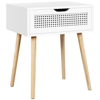 Yaheetech Nachttisch Rattan Beistelltish mit 1 Schublade Holzbeine Nachtschrank Nachtkommode Moderner Nachtk&auml;stchen f&uuml;r Wohnzimmer/Schlafzimmer, Wei&szlig;
