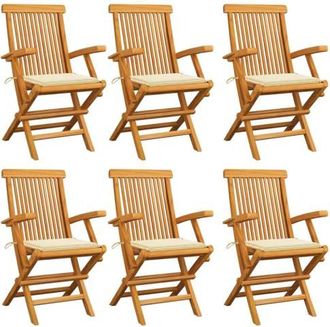 vidaXL Lot de 6 Chaises de Jardin avec Coussins, Si&egrave;ges de Terrasse, Chaises de Salle &agrave; Manger, Meubles de Patio Ext&eacute;rieur, Cr&egrave;me Bois Teck Massif