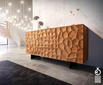 DELIFE Sideboard Solu 175 cm Akazie Natur 2 T&uuml;ren 3 Sch&uuml;be Fu&szlig; schwebend Metall Schwarz 3D-Front, Sideboards