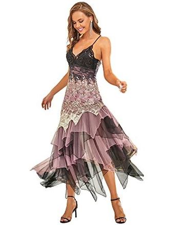 Ever-pretty Robe de Soirée Asymetrique en Dentelle Volants Décolleté Femme Orchidée 38