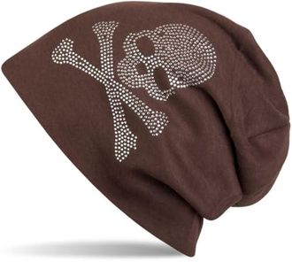 styleBREAKER Bonnet Classique avec Application en Strass en Forme de tête de Mort, Unisexe 04024034, Couleur:Marron foncé, matériel:Chaud