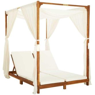 vidaXL Chaise longue double avec rideaux et coussins Bois dacacia vidaXL