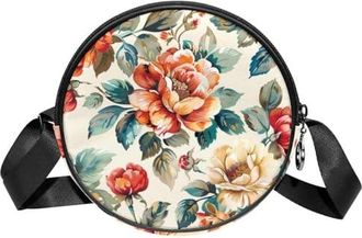 Generic Sac &agrave; bandouli&egrave;re rond pour femme, motif floral vintage, sac &agrave; dos &agrave; bandouli&egrave;re avec fermeture &eacute;clair, bretelles r&eacute;glables, sac &agrave; main rond d&eacute;contrac