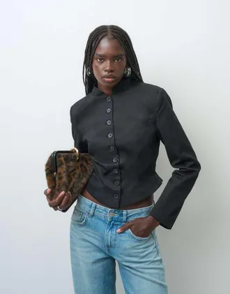 Asos veste militaire cintr&eacute;e &agrave; col mao en noir-Marron