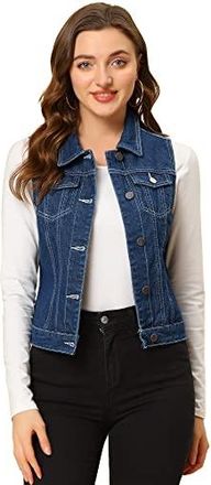 Allegra K Gilet en Denim Délavé Boutonné Femme Veste en Jean sans Manches avec Poches à Rabat Bleu foncé-1 L