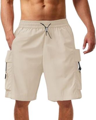 Generic Short cargo pour homme, short d&eacute;contract&eacute; &agrave; taille &eacute;lastique avec plusieurs poches, v&ecirc;tement de travail d&eacute;t&eacute;, cordon de serrage, respirant, extensible