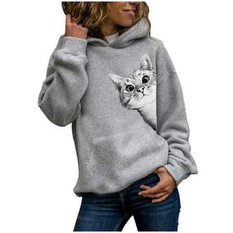 Onsoyours Damen Hoodie Kapuzenpullover Sweatshirt Langarmshirt Rundhals Lustiges Katzen Motive Drucken Hoodie Katzenpulli Casual Pulli mit Kordel und Taschen He