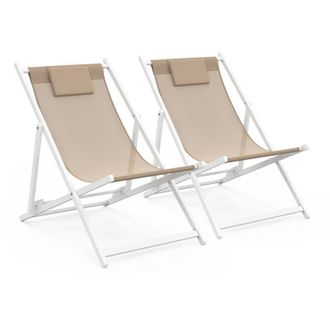 IDMarket Lot de 2 chiliennes en m&eacute;tal blanc LOTA toile textil&egrave;ne beige