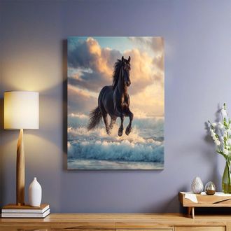 Generic Wellen Leinwandbild Schwarzes Pferd 60 x 40 cm Poster Kunstdruck Modern Gerahmt Aufh&auml;ngefertig Wandkunst f&uuml;r B&uuml;ro Arbeitszimmer