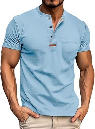 Generic T-shirt d&eacute;contract&eacute; pour homme, ample, tendance, couleur unie, col rond, poche, haut &agrave; manches courtes, polyester &eacute;lasthanne, bleu clair, 3XL