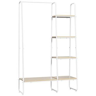 HOMCOM Portant &agrave; v&ecirc;tements penderie portemanteau style industriel avec 4 &eacute;tag&egrave;res et 1 tringle en acier et bois dim. 101L x 39l x 160H cm naturel et blanc