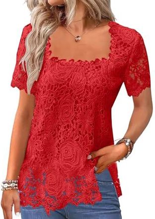 Generic T-shirt en dentelle pour femme - &Eacute;l&eacute;gant - Col carr&eacute; - Haut en dentelle - Manches courtes - T-shirt basique - Vacances - Tunique - Hauts d&eacute;t&eacute; d&eacute;contra