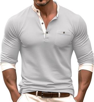 Generic T-shirt pour homme 4 saisons - Style d&eacute;contract&eacute; - Design contrast&eacute; uni - Bouton &agrave; revers &agrave; manches longues, gris, 3XL