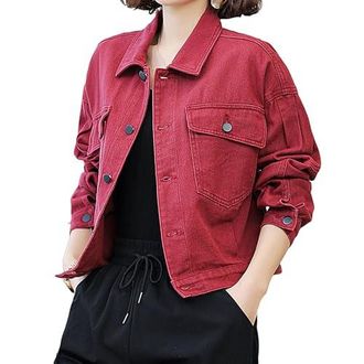Generic Vestes surdimensionn&eacute;es en jean &agrave; manches longues pour femme, veste en jean, veste d&eacute;contract&eacute;e pour femme, tendance, rouge vin, 3XL