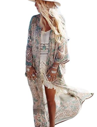 Bsubseach Damen Gr&uuml;n Print Badeanzug Badeanzug Abdeckung Beachwear Open Front Kimono Cardigan Bademode Kaftan