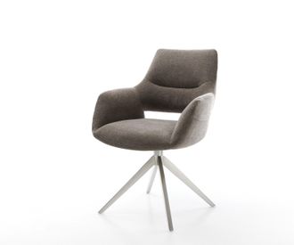 DELIFE Drehstuhl Yago-Flex mit Armlehnen Strukturstoff Soft Taupe Kreuzgestell breit Edelstahl 360&deg; drehbar Wippfunktion Taschenfederkern, Esszimmerst&uuml;hle