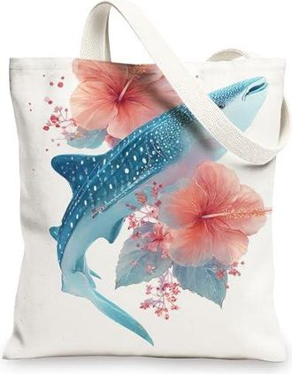 Generic Sacs fourre-tout en toile motif baleine, sacs réutilisables à motif marin océanique, sacs en toile légers et lavables à motif floral pour Tr, blanc, 1