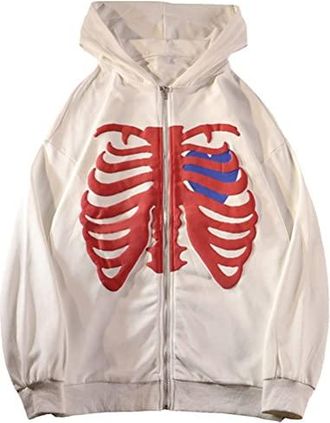 Onsoyours Sweat à Capuche Ample Décontracté pour Femme Sweat-Shirt Veste à Manches Longues Zippés à Squelette Imprimé avec Poches Vintage Hoodie Streetwear Blan