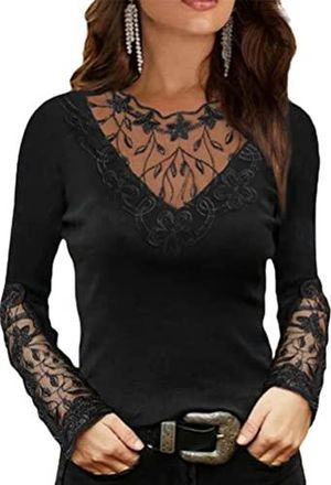 Onsoyours Chemisier Femmes Blouse en Tulle À Manches Longues Transparentes T-Shirt Mode Chic Épaules Dénudées Haut Tops Pullover Couleur Unie Shirt Tunique Noir