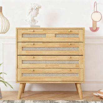 Generic Kommode mit 3 Schubladen | Rattan-Eins&auml;tze & Klappdeckel | Goldene Metallgriffe & Holzbeine | Spanplatte f&uuml;r Wohn- & Schlafzimmer