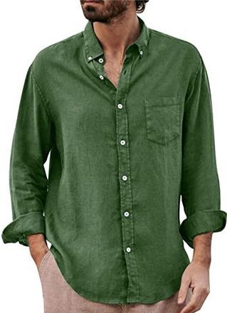 Generic Chemise décontractée à manches longues en lin uni pour homme, Vert, L