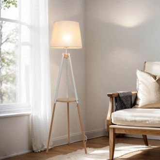 Licht-Erlebnisse Dreibein Stehleuchte Holz Stoff in Wei&szlig; Wohnzimmer 148 cm hoch E27 max. 60 Watt Ablage Modern blendarm Skandinavische Stehlampe VAIO