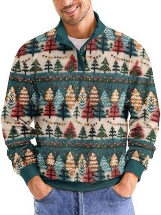 Generic Pull de Noël amusant pour homme avec motif arbre de Noël imprimé rayures pull à revers boutonné à manches longues pull fête thème fête pull pour homme