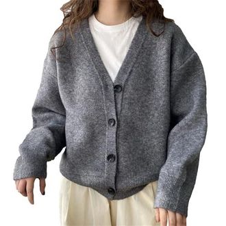 Generic Cardigan dhiver &eacute;pais d&eacute;contract&eacute; &agrave; col en V de couleur unie &agrave; manches longues pour femme, Gris fonc&eacute;, taille unique