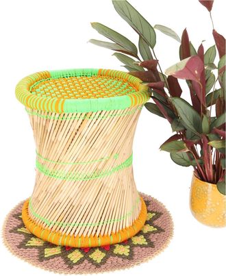 Guru Shop Gro&szlig;er Indischer Korbhocker, Bambushocker, Sitzpuff, Korb Aufbewahrung - Gr&uuml;n/orange, 38x40x40 cm