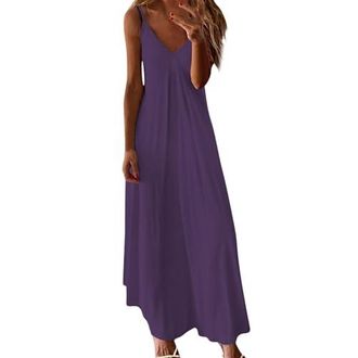 Generic Robe longue d&eacute;t&eacute; pour femme, robe d&eacute;bardeur d&eacute;contract&eacute;e &agrave; imprim&eacute; floral, col en V, sans manches, dos nu, robe de plage ample, bretelles spaghetti, t
