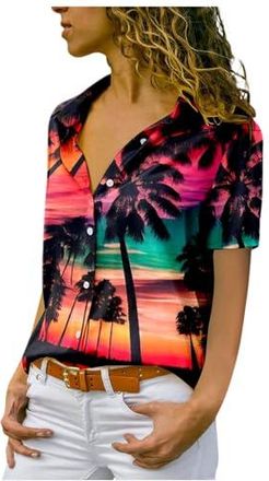 Generic Chemise hawa&iuml;enne d&eacute;contract&eacute;e pour femme - Motif palmier hawa&iuml;en des Cara&iuml;bes - Chemises d&eacute;t&eacute; tropicales - V&ecirc;tements boutonn&eacute;s &agrave; manches courtes - Te