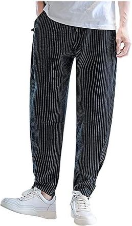 Generic Pantalon ray&eacute; pour homme - Pantalon de jogging en coton et lin avec cordon de serrage - Taille &eacute;lastique - Pantalon de yoga d&eacute;contract&eacute; - Pantalon de 