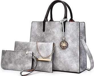 Generic Grand sac &agrave; main en cuir pour femme - Sac &agrave; bandouli&egrave;re - Poign&eacute;e sur le dessus - Avec pochette - Lot de 3, gris, Large