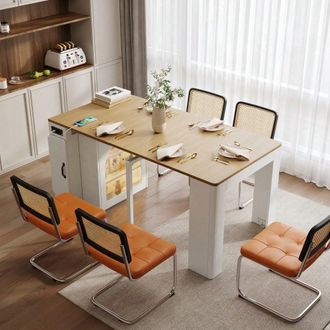 Generic &Icirc;lot de Cuisine Mobile et Pratique - Table extensible Avec Plateau amovible, prises int&eacute;gr&eacute;es et Rangement (Blanc) (Natural+White + MDF+Glass)