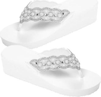 Frcolor Sandales pour Femmes avec Talon Compensé Semelle Antidérapante Design Perles et Confort Longue Durée Chaussures de Plage Blanches