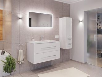 Magnolia Home Badm&ouml;bel Set Firenze 100 3tlg. LED Spiegel und Seitenschrank wei&szlig; Hochglanz