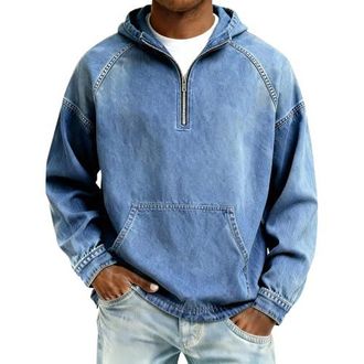 Generic Pull Homme Vintage Zip Quarter Effet D&eacute;lav&eacute; - Haut Oversized Couleurs Lav&eacute;es Col Montant D&eacute;contract&eacute; Casual, Automne Hiver Tendance(Sky Blue, XXXXL)