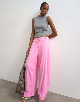 Topshop Pantalon bouffant &eacute;pur&eacute; avec lin et liens &agrave; la taille - Rose