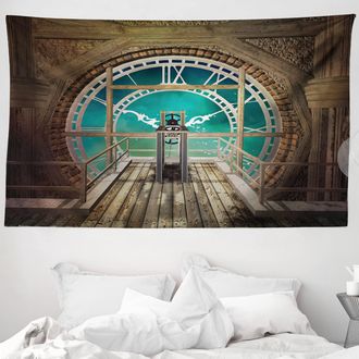 Abakuhaus Steampunk Wandteppich und Tagesdecke, Fantasy Clock Tower aus Weiches Mikrofaser Stoff Waschbar ohne Verblassen Digitaldruck, 230 x 140 cm,Pale Brown 