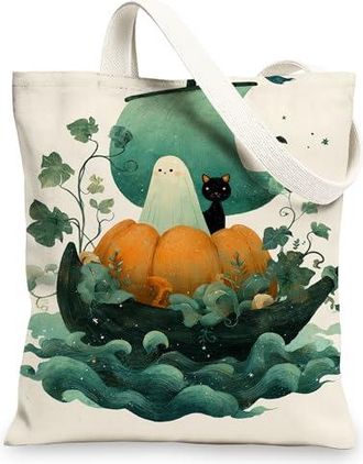 Generic Sacs fourre-tout fantaisistes en toile, motif fantôme artistique et citrouille, sacs dépicerie réutilisables, légers et lavables avec bandoulière Ca, 