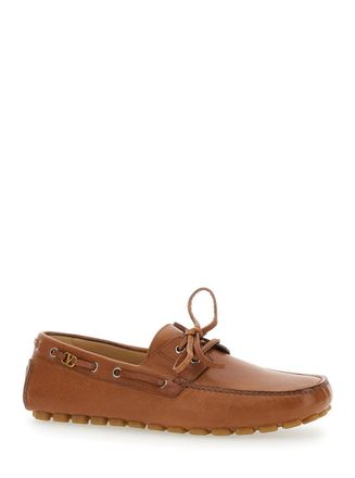 Valentino Garavani Mens Brown Loafers With Vlogo Plaque Buffalo Leather