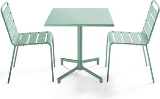 Oviala Palavas Set Tisch 70 cm und 2 Gartenst&uuml;hle aus Metall, Salbeigr&uuml;n