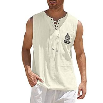 Generic Chemise en coton et lin pour homme - Hauts dentra&icirc;nement d&eacute;t&eacute; pour homme - Haut de printemps et d&eacute;t&eacute; d&eacute;contract&eacute; - Haut sans manches en coton - D&eacute;bard