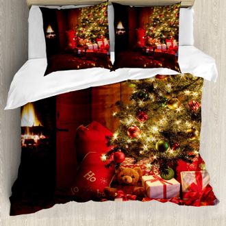 Abakuhaus Weihnachten Bettw&auml;sche Set f&uuml;r Doppelbetten, Neujahr Weihnachtsbaum, Weicher Microfaserstoff Allegigeignet kein Verblassen,Rot Gelb