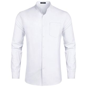 Hisdern Hemd Herren Wei&szlig; Herrenhemden Langarm Freizeithemden Businesshemden Herren Ohne Kragen B&uuml;gelfrei Anzug Hemden Herren mit Tasche f&uuml;r Hochzeit 3XL