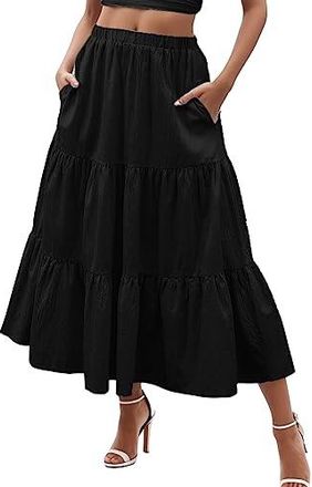 Generic Jupe Hawaienne Femme Taille éLastique- Jupe Boheme Grande Taille-Jupe Plissee Femme avec Poche Couleurs Pures A-Ligne Midi Jupe Casual Pas Cher Dress 