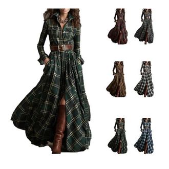 Generic Robe chemise &agrave; carreaux maxi pour femme, manches longues, boutonn&eacute;e sur le devant, robes maxi &agrave; carreaux col en V boutonn&eacute; fendu avec poches, style co