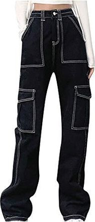 Generic Harajuku Pantalon cargo hip hop pour femme, noir, avec coutures blanches, stretch, taille haute, streetwear, multi-poches, baggy Y2K, jean, long, tech