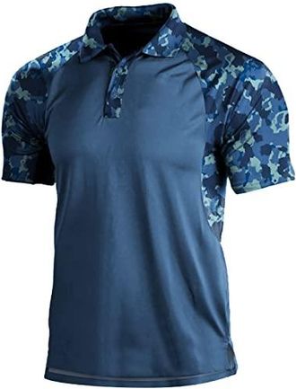 Generic Polo camouflage élégant pour homme - Manches courtes - Col en V - Haut dentraînement - Polo décontracté - Confortable - Pour lété - Avec boutons, bleu